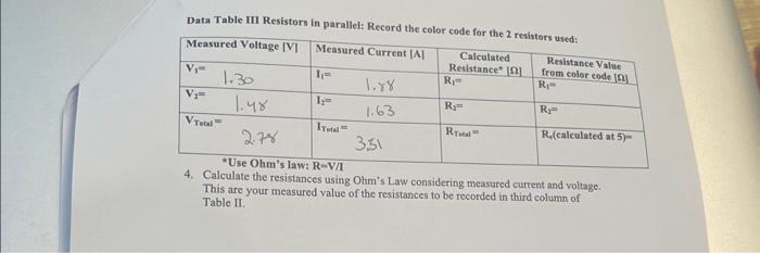 Data Table III Resistors in parallel: Record the | Chegg.com
