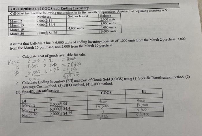 Solved (D) Calculation of COGS and Ending Inventory | Chegg.com