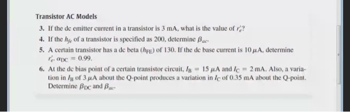 Solved Transistor AC Models 3. If the dc emitter current in | Chegg.com