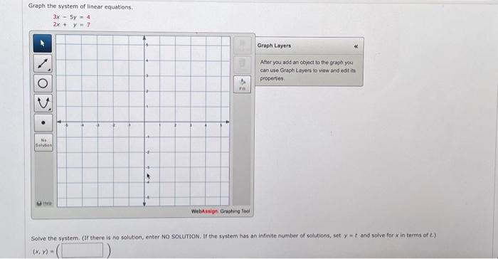 Graph the system of linear equations 3x−5y=42x+y=7 | Chegg.com