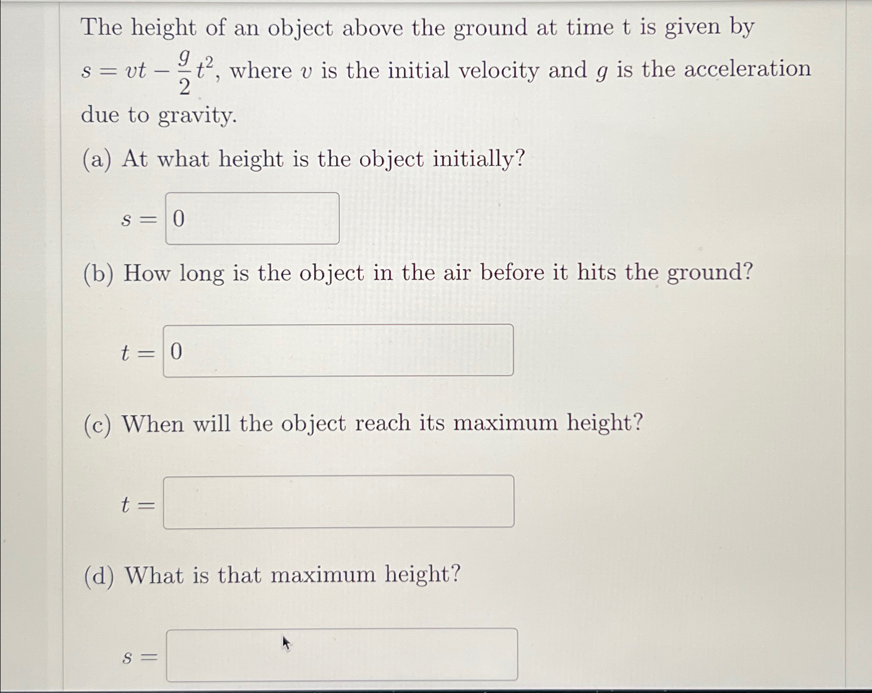 Solved The height of an object above the ground at time t | Chegg.com