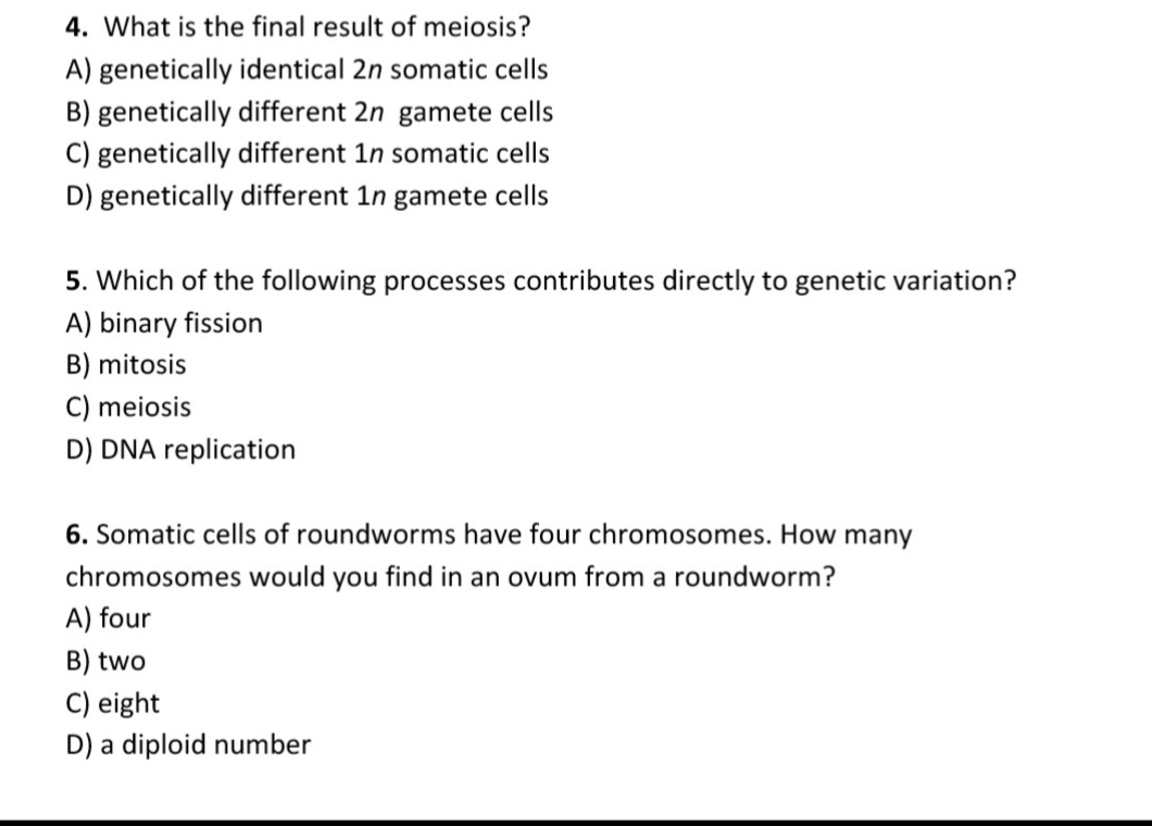 Solved What is the final result of meiosis?A) ﻿genetically | Chegg.com