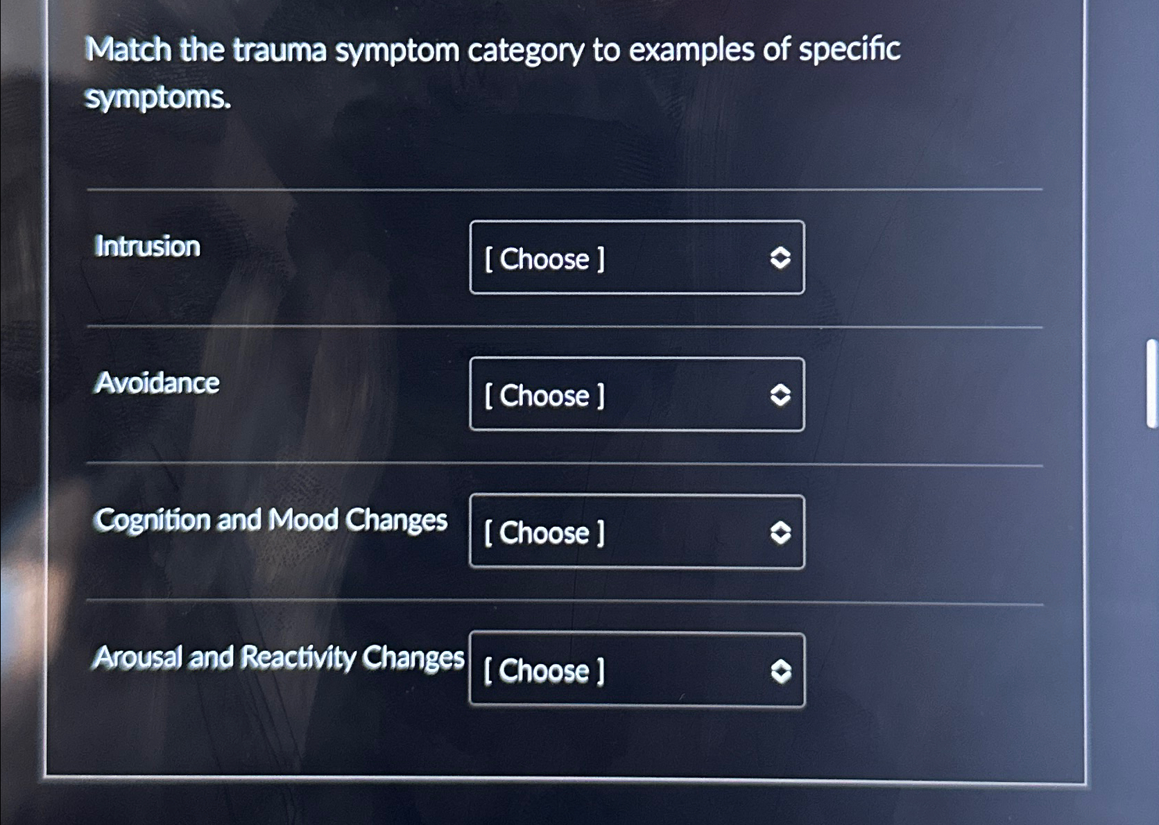 Solved Match the trauma symptom category to examples of | Chegg.com