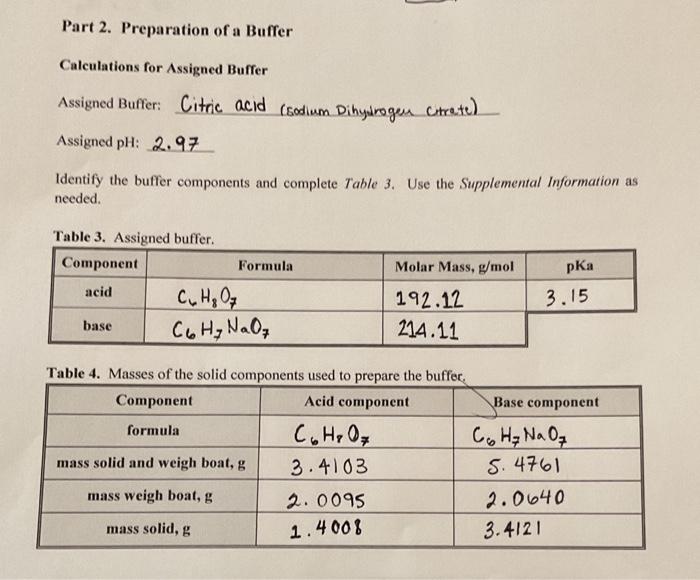 Solved Part 2. Preparation of a Buffer Calculations for | Chegg.com