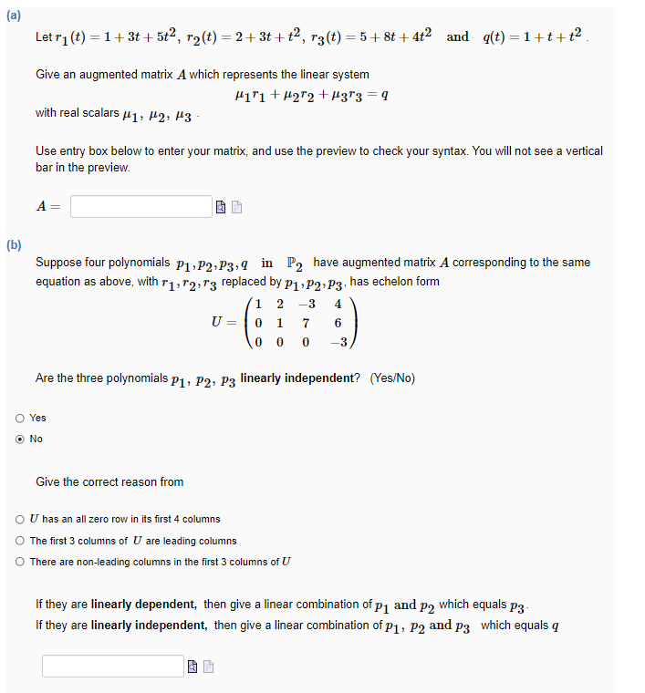 Solved (a)Let r1(t)=1+3t+5t2,r2(t)=2+3t+t2,r3(t)=5+8t+4t2, | Chegg.com