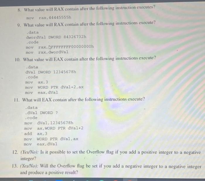 Solved 8. What value will RAX contain after the following | Chegg.com