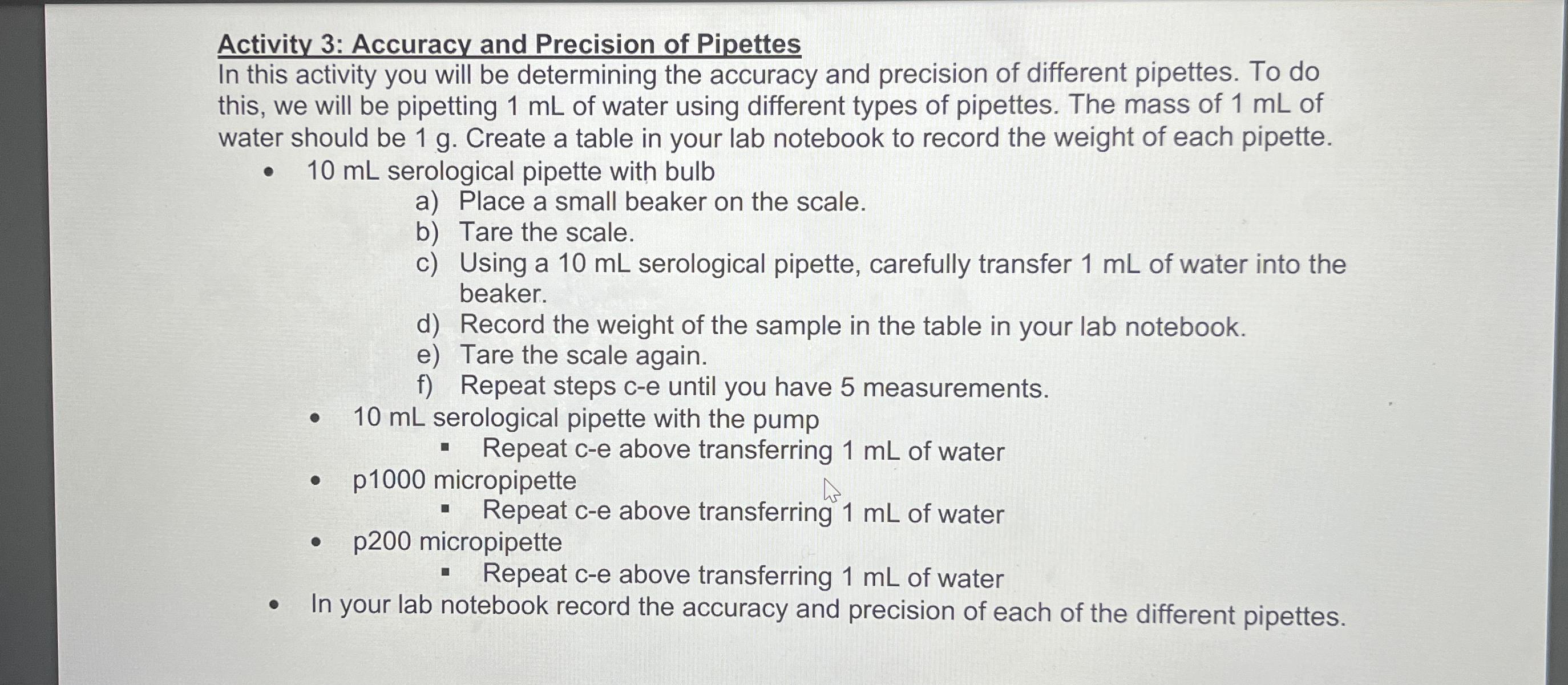 Solved Activity 3: Accuracy and Precision of PipettesIn this | Chegg.com