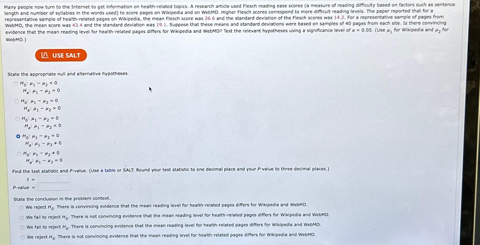Solved WebMD.)State the appropriate null and alternative | Chegg.com