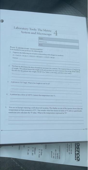 Laboratory Tools: The Metric System and Microscope 4 | Chegg.com