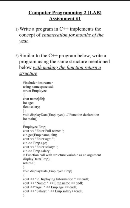 Solved Computer Programming 2 (LAB) Assignment #1 1) Write a | Chegg.com