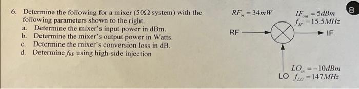 Solved 6. Determine the following for a mixer ( 50Ω system) | Chegg.com