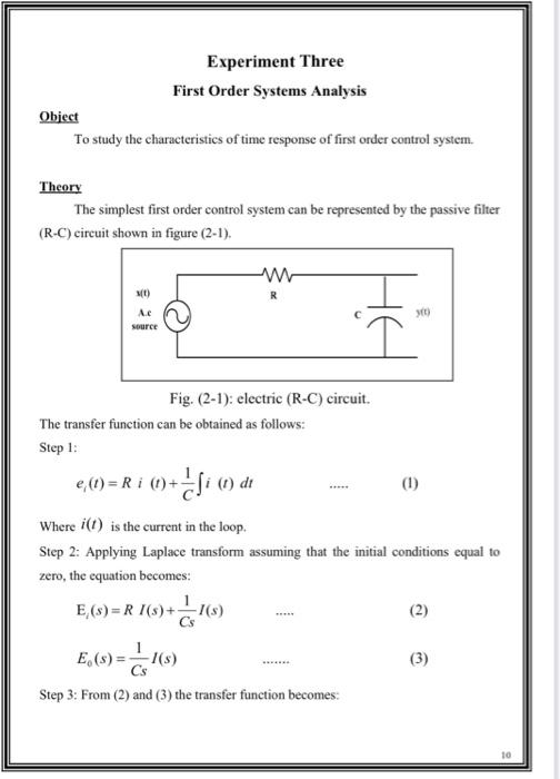 Experiment Three First Order Systems Analysis Obiect | Chegg.com
