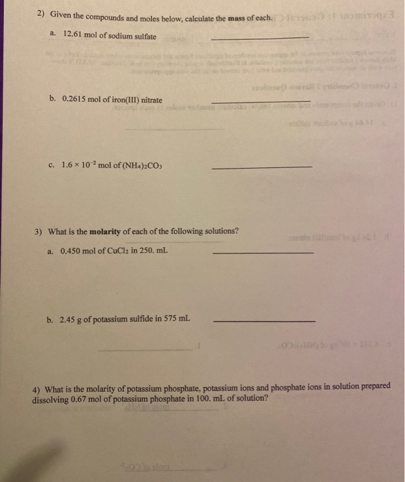 Solved 1 Given The Compounds And Masses Below Calculate