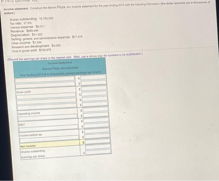 Solved Income statement Construct the Barron Pizza, Ina, | Chegg.com