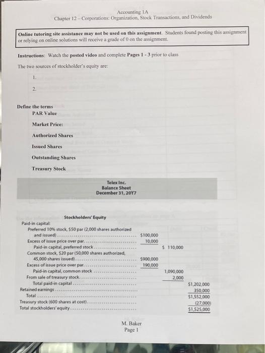 Accounting 1A Chapter 12 - Corporations: | Chegg.com