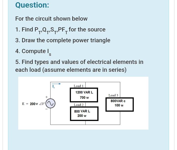 Solved Question:For the circuit shown belowFind PT,QT,ST,PFT | Chegg.com