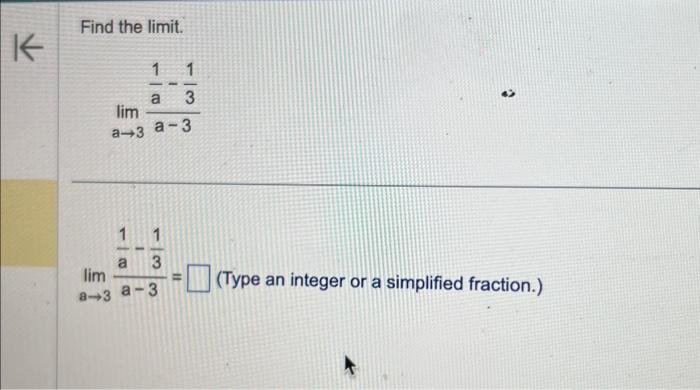 Solved Find the limit. lima→3a−3a1−31 lima→3a−3a1−31= (Type | Chegg.com