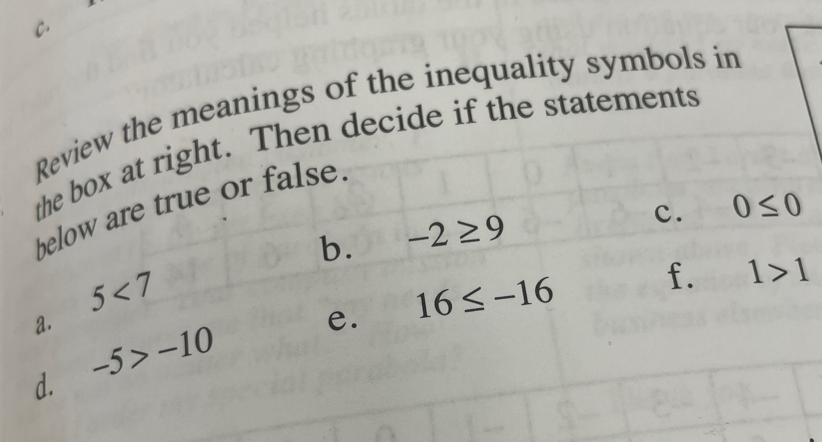 Solved Re view the meanings of the inequality symbols in the | Chegg.com