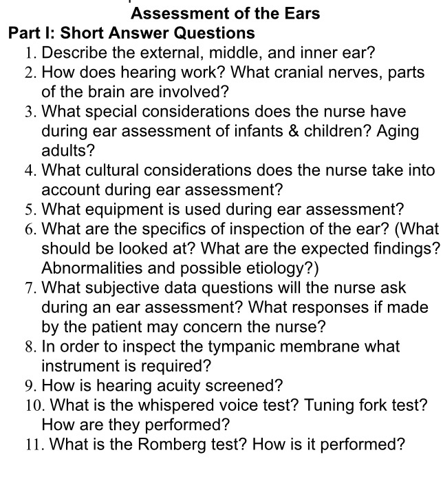 Solved Assessment of the Ears Part I: Short Answer Questions | Chegg.com