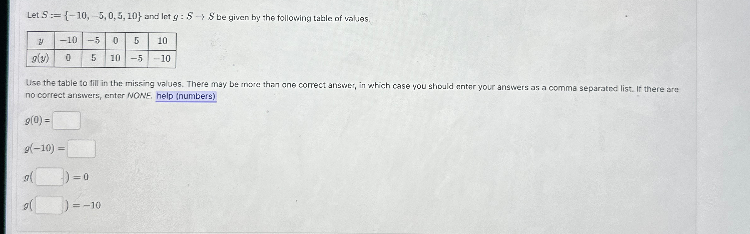 Solved Let S:={-10,-5,0,5,10} ﻿and let g:S→S ﻿be given by | Chegg.com