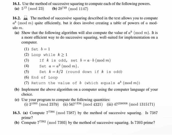 Solved 16.1. Use the method of successive squaring to | Chegg.com