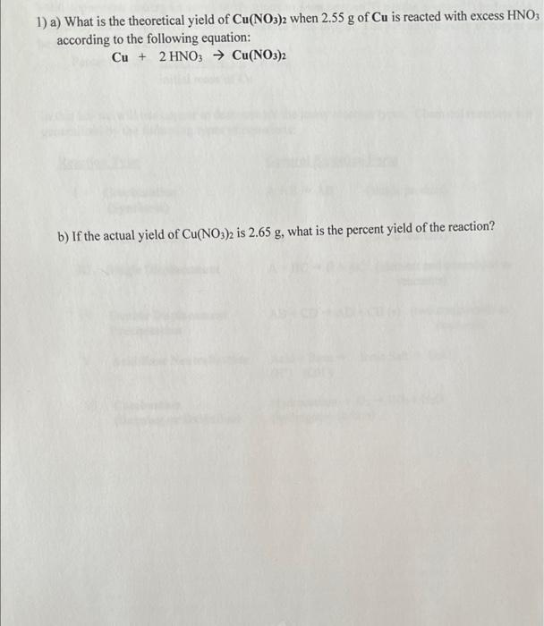 Solved 1) a) What is the theoretical yield of Cu(NO3)2 when | Chegg.com