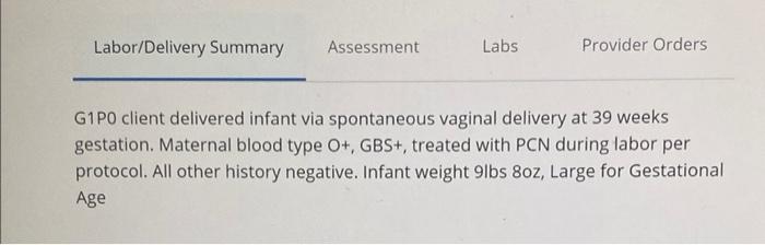 Labor/Delivery Summary Assessment Labs Provider | Chegg.com
