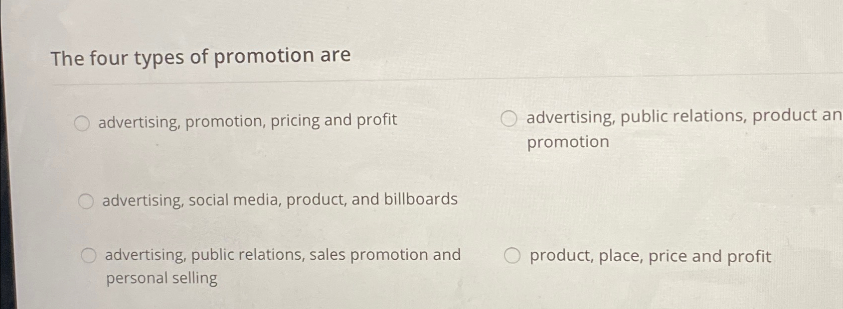 Solved The four types of promotion areadvertising, | Chegg.com