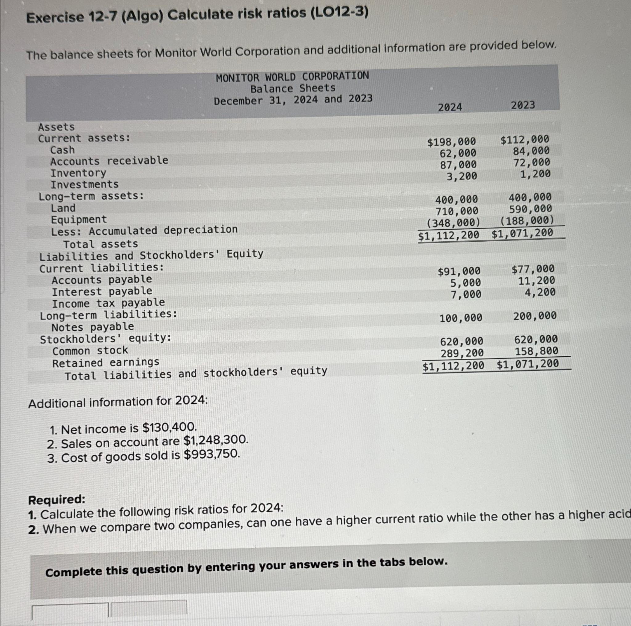 Solved Exercise 12-7 (Algo) ﻿Calculate risk ratios | Chegg.com