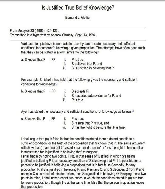 Is Justified True Belief Knowledge? Edmund L. Gettier | Chegg.com