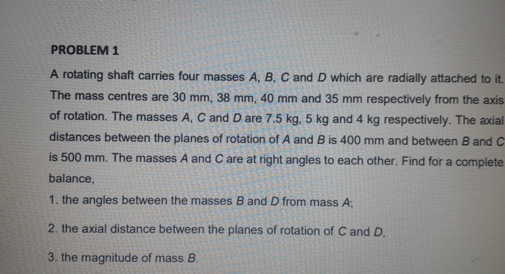 Solved PROBLEM 1A rotating shaft carries four masses A,B,C | Chegg.com