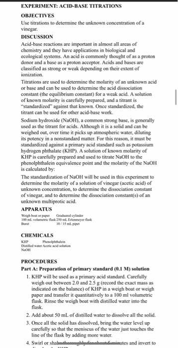 Solved EXPERIMENT: ACID-BASE TITRATIONS OBJECTIVES Use | Chegg.com