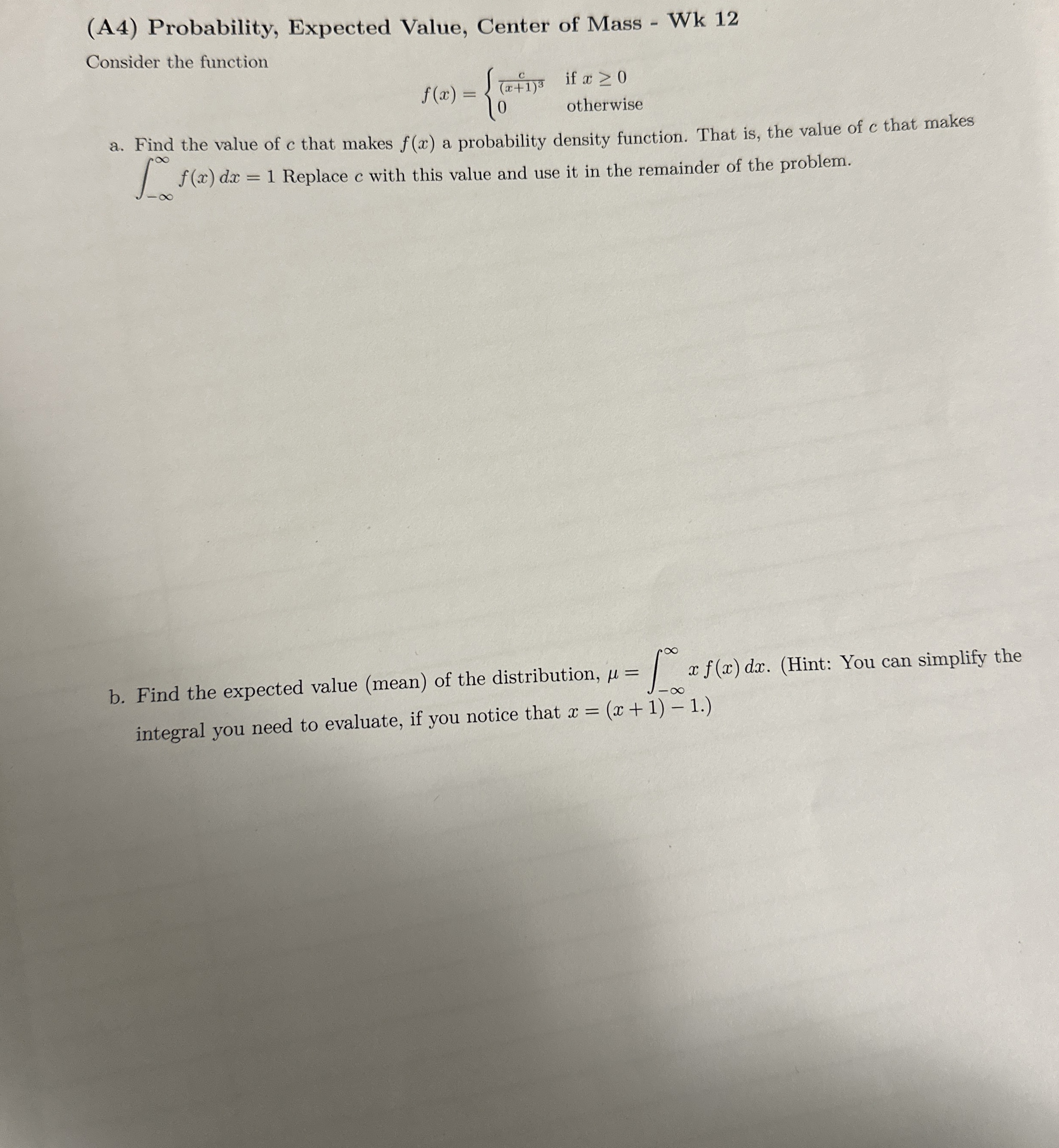 (A4) ﻿Probability, Expected Value, Center of Mass - | Chegg.com