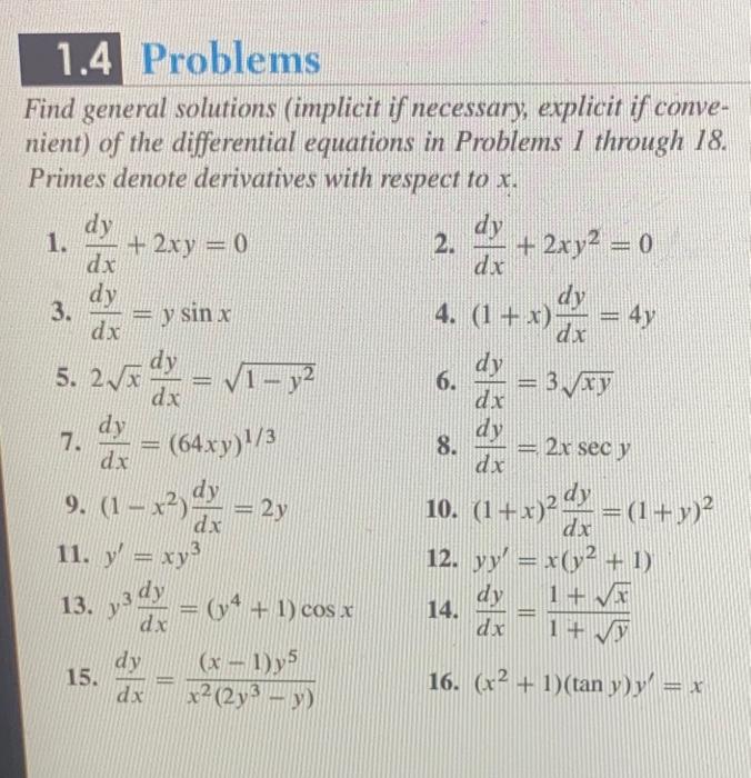 Solved Find general solutions (implicit if necessary, | Chegg.com