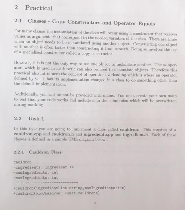 Solved 2 Practical 2.1 Classes - Copy Constructors and | Chegg.com