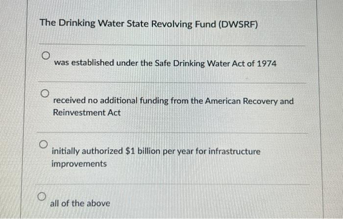 Solved The Drinking Water State Revolving Fund (DWSRF) was | Chegg.com