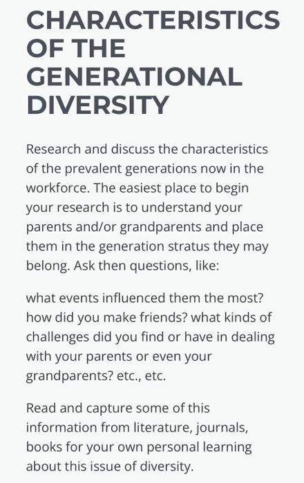 CHARACTERISTICS OF THE GENERATIONAL DIVERSITY | Chegg.com