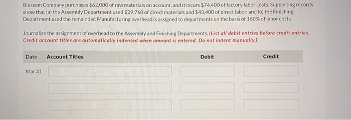 Solved Blossom Company purchases $62,000 of raw materials on | Chegg.com