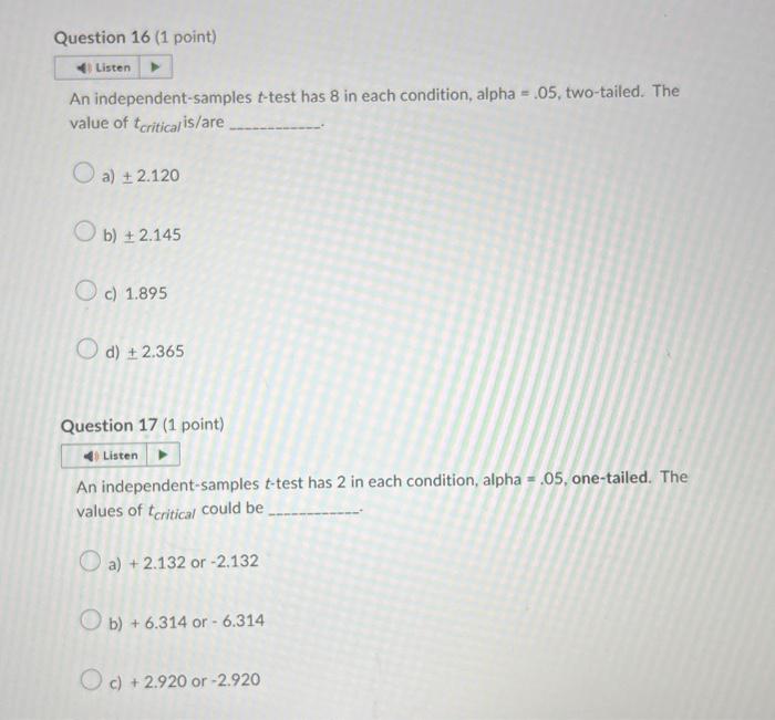 Solved An independent-samples t-test has 8 in each | Chegg.com