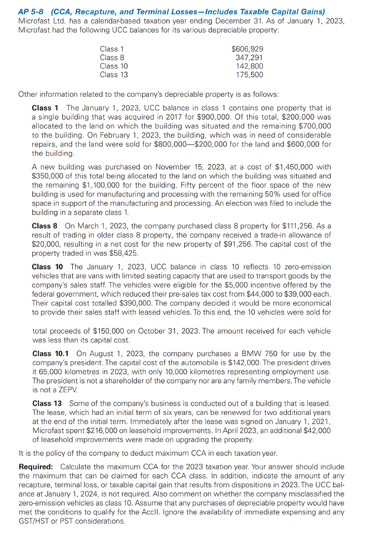 Solved AP 5-8 (CCA, ﻿Recapture, and Terminal Losses-Includes | Chegg.com