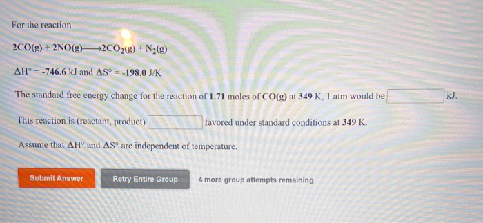 Solved For the reaction 2CO(g) + 2NO(g) +2CO2(g) + N2(g) AH | Chegg.com