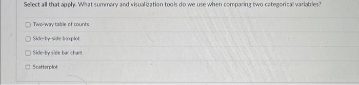 Solved Select all that apply. What summary and visualization | Chegg.com