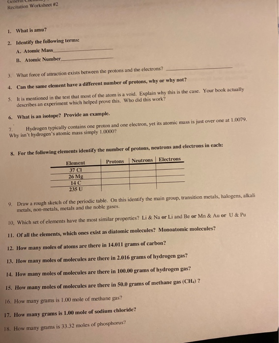 Solved Recitation Worksheet #2 1. What is amu? 2. Identify | Chegg.com