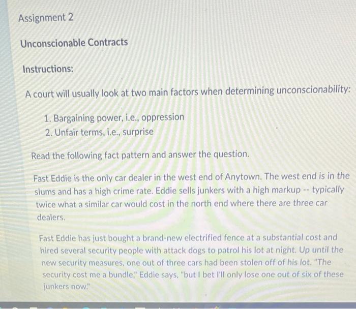 Assignment 2 Unconscionable Contracts Instructions: A | Chegg.com