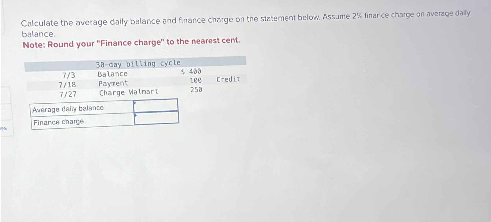 Solved Calculate the average daily balance and finance | Chegg.com