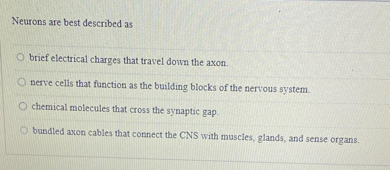 Solved Neurons are best described asbrief electrical charges | Chegg.com