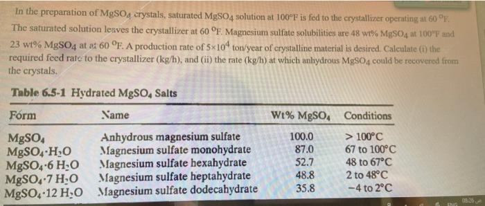 Solved In the preparation of MgSO4 crystals, saturated MgSO4 | Chegg.com
