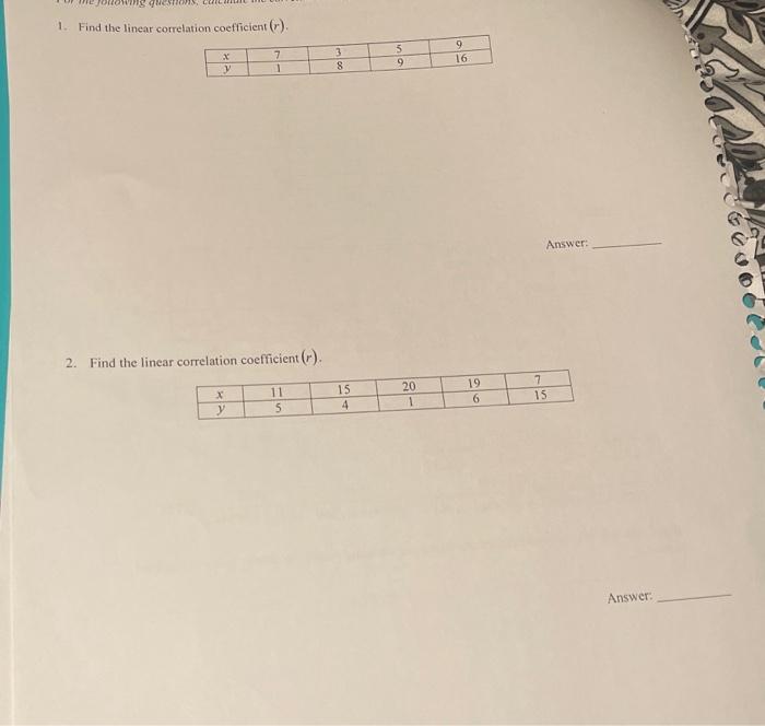 Solved 1 Find The Linear Correlation Coefficient R