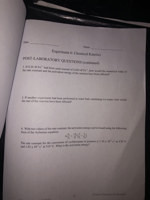 Solved Date: Name: Experiment 6: Chemical Kinetics | Chegg.com