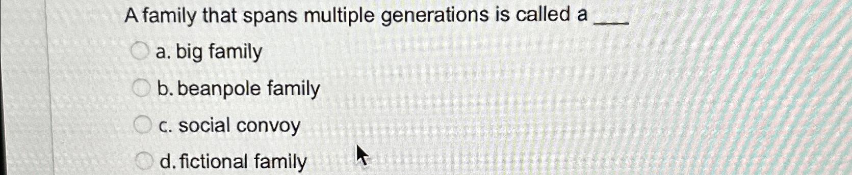 Solved A family that spans multiple generations is called | Chegg.com